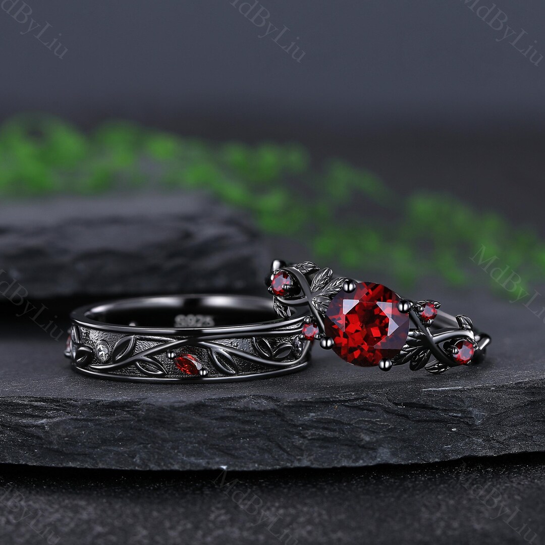 Garnet Couple Ring Black Gold Wedding Band Leaf Rings for Men and Women ...