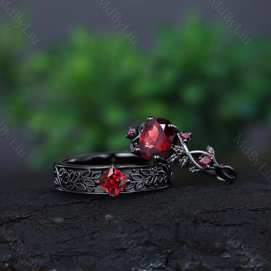 Gothic Garnet Couple Ring Set Leaf and Vine Design Wedding Ring Set ...
