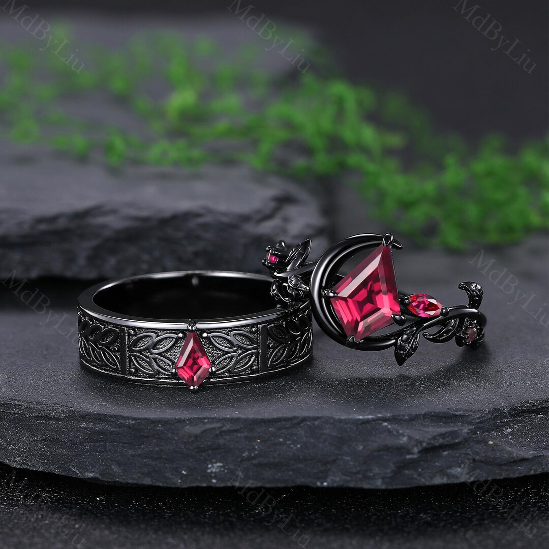 Gothic Black Gold Ruby Couple Ring Set Moon & Leaf Couples Rings Ruby ...