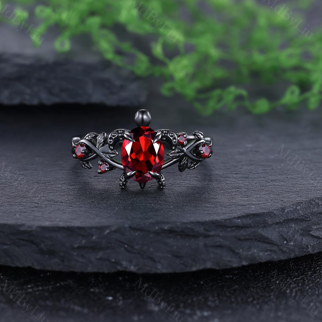 Gothic Garnet Promise Ring for Women Black Gold Leaf & Turtle Design ...