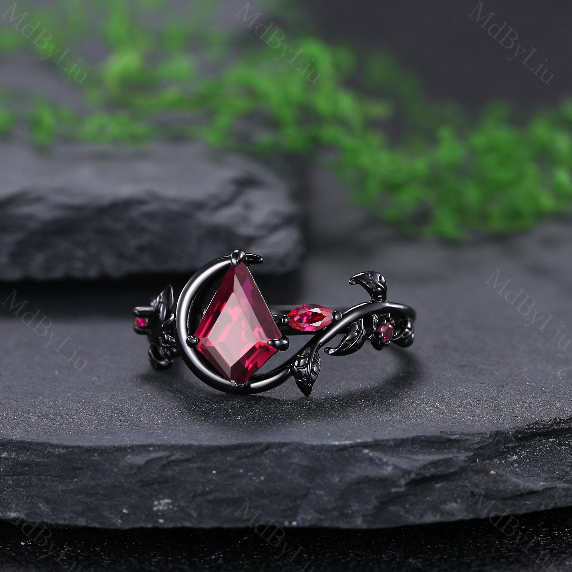 Gothic Black Gold Ruby Couple Ring Set Moon & Leaf Couples Rings Ruby ...