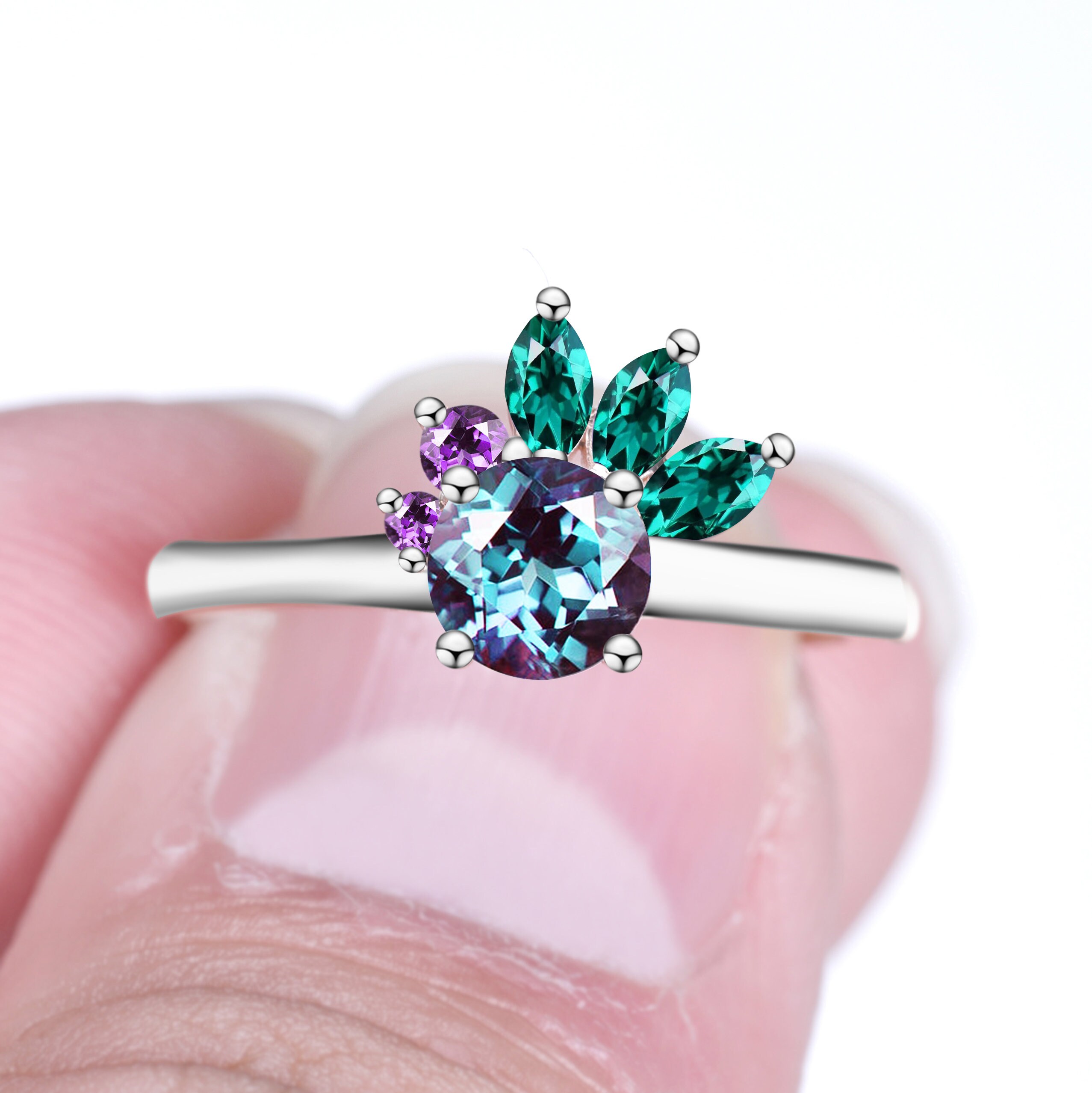 Round Alexandrite Ring Vintage Cluster Amethyst Ring Rose Gold Unique ...