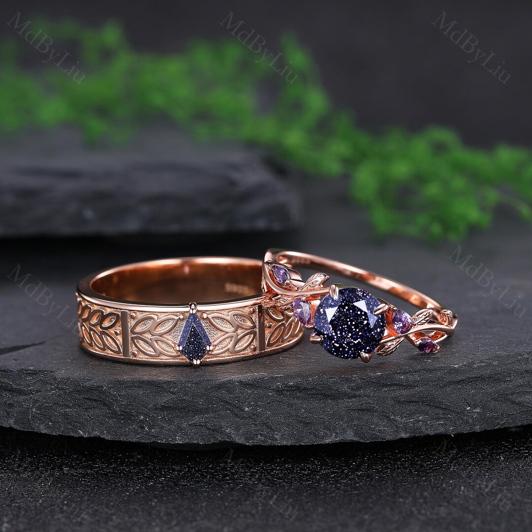 Vintage Blue Sandstone Couple Ring Set Orion Nebula Women's Wedding ...