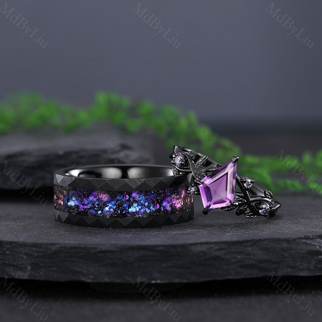 Gothic Kite Amethyst Couples Ring Sets, Colorful Tungsten Ring, Black ...