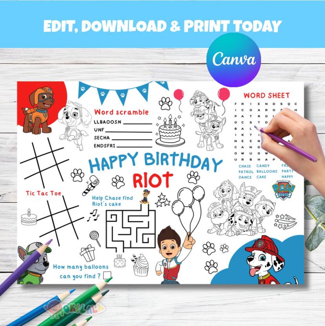 Paw Patrol Birthday Activity Printable • Personalized Paw Patrol Party ...
