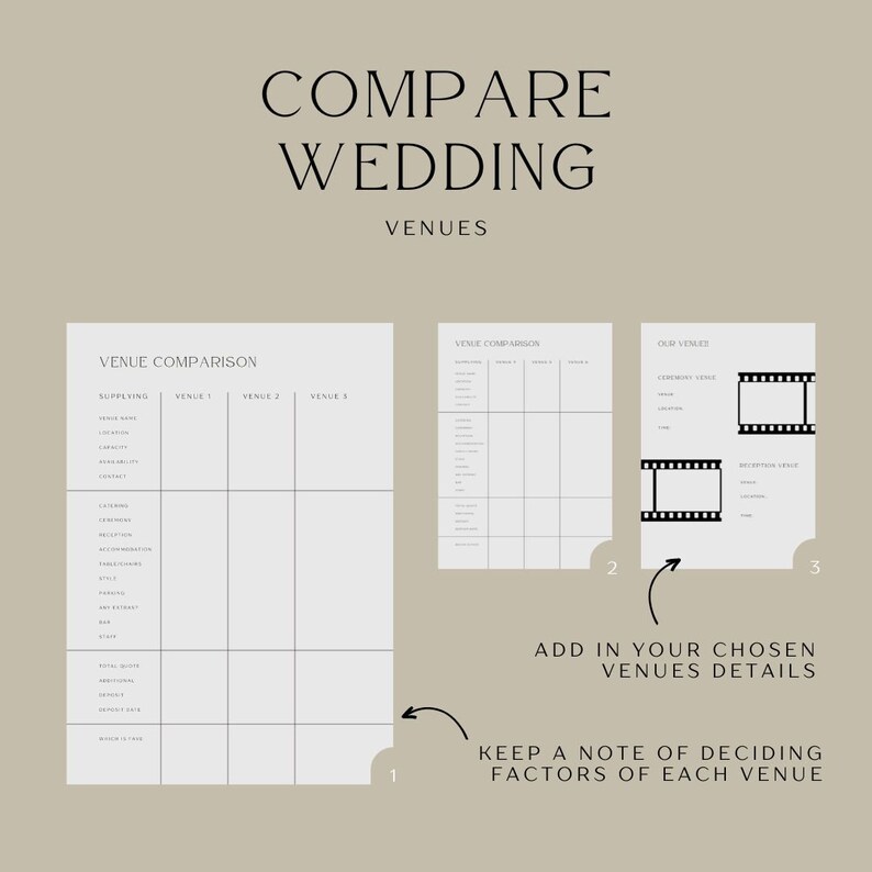 Wedding Venue Comparison Lists Printable Wedding Planner Venue List ...