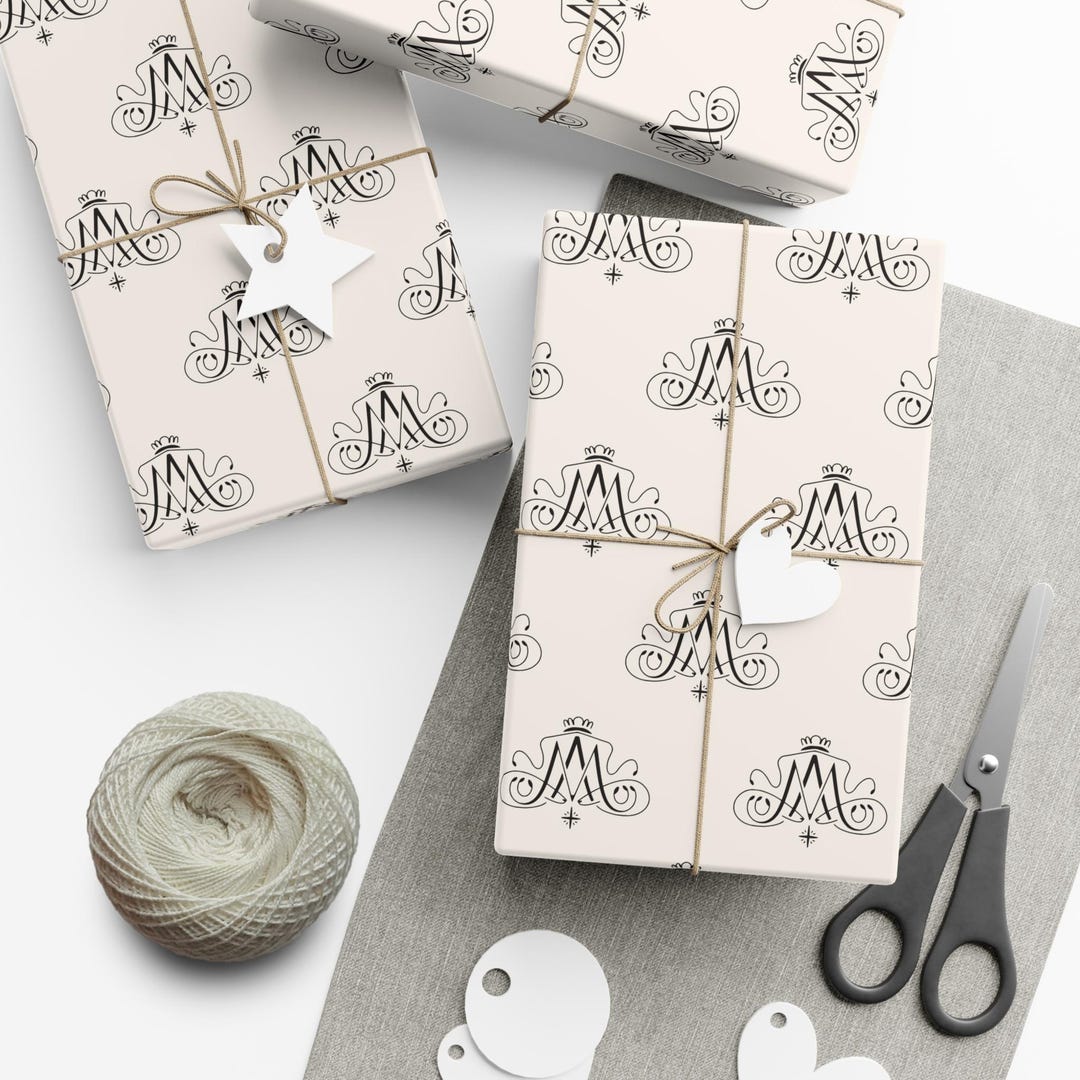 Catholic Wrapping Paper, Marian Monogram Gift Wrap, Simple Virgin Mary ...