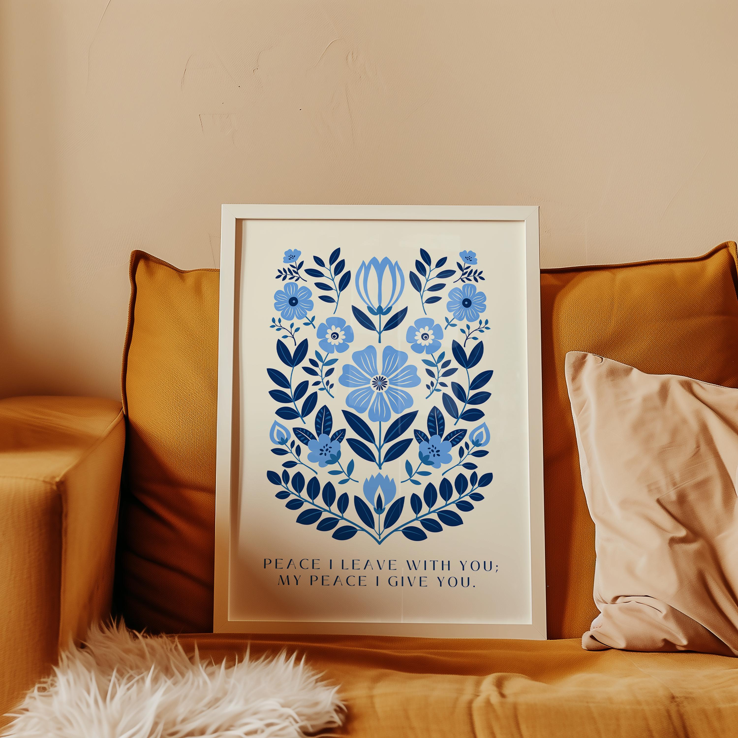 Scandinavian Christian Wall Art Peace Bible Verse Print Blue Floral ...