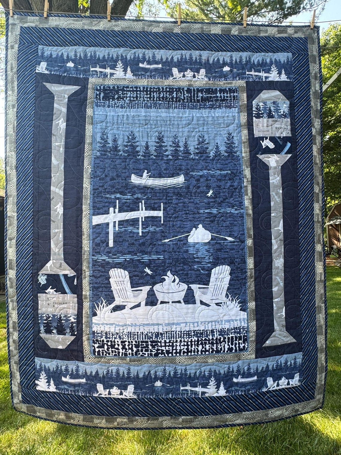 Lake Life#1|quilt|throw|blue|outdoors|oars|row Boat|canoe|fire|dock ...