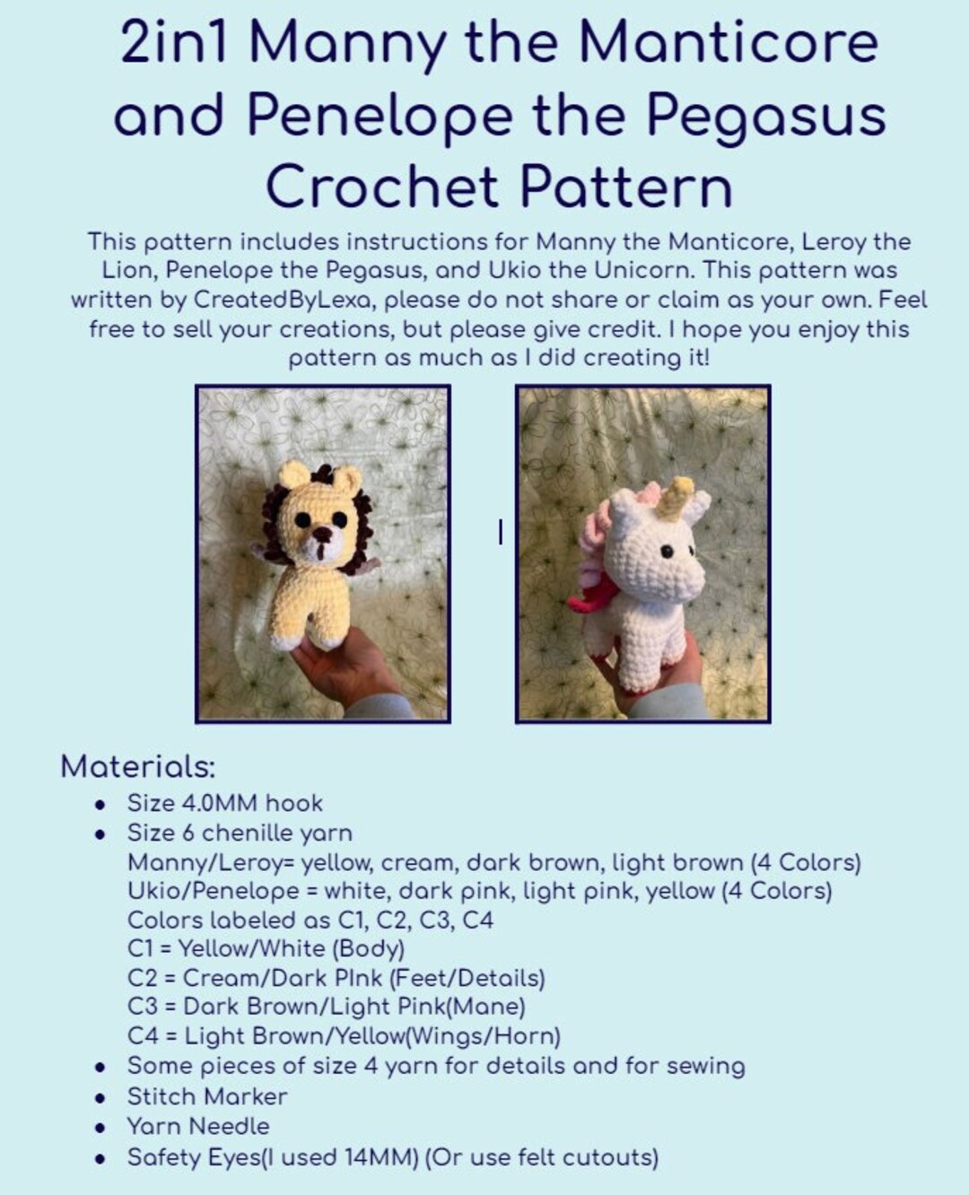 4 in 1 Manny the Manticore/penelope the Pegasus Crochet Pattern ...