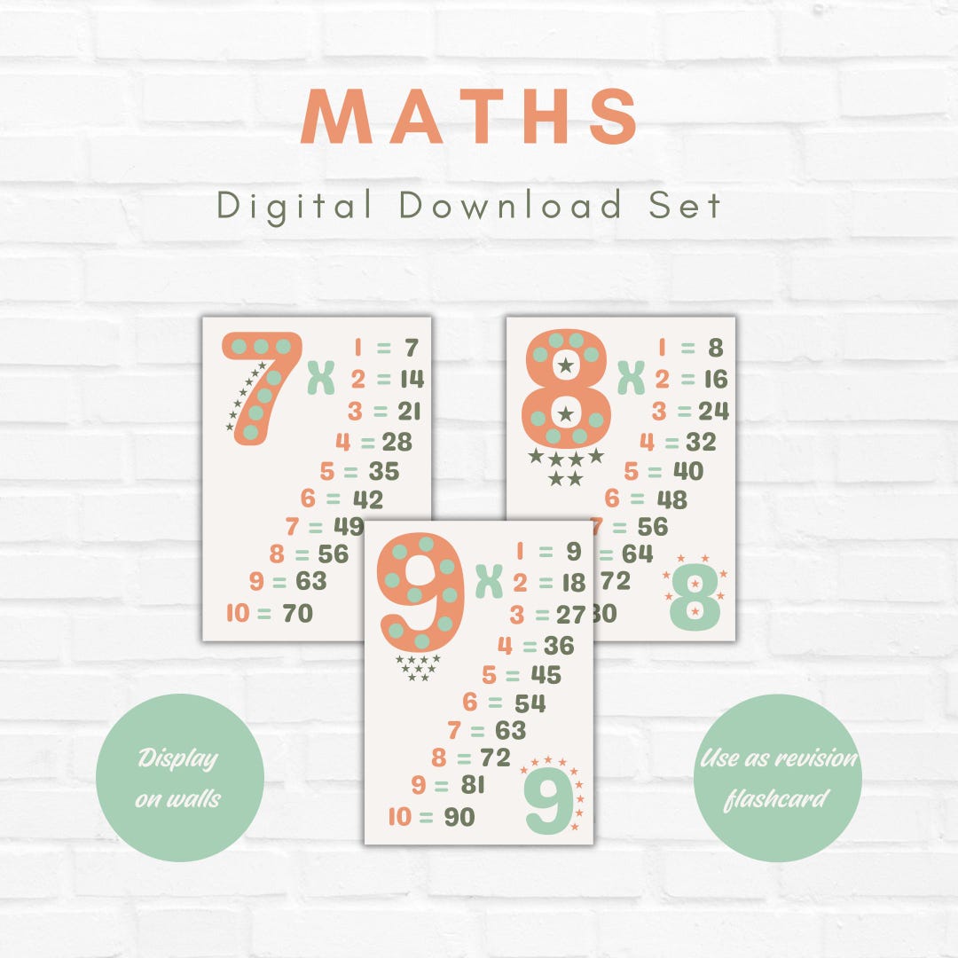 Set of 3 Maths Educational 7, 8, 9 Times Table Orange and Green ...