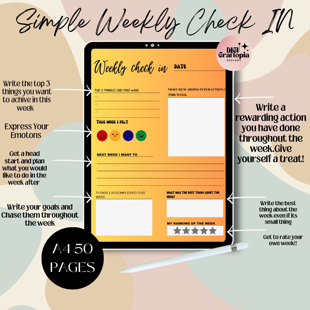 Printable Weekly Check-in Template Fillable Digital Planner - Etsy