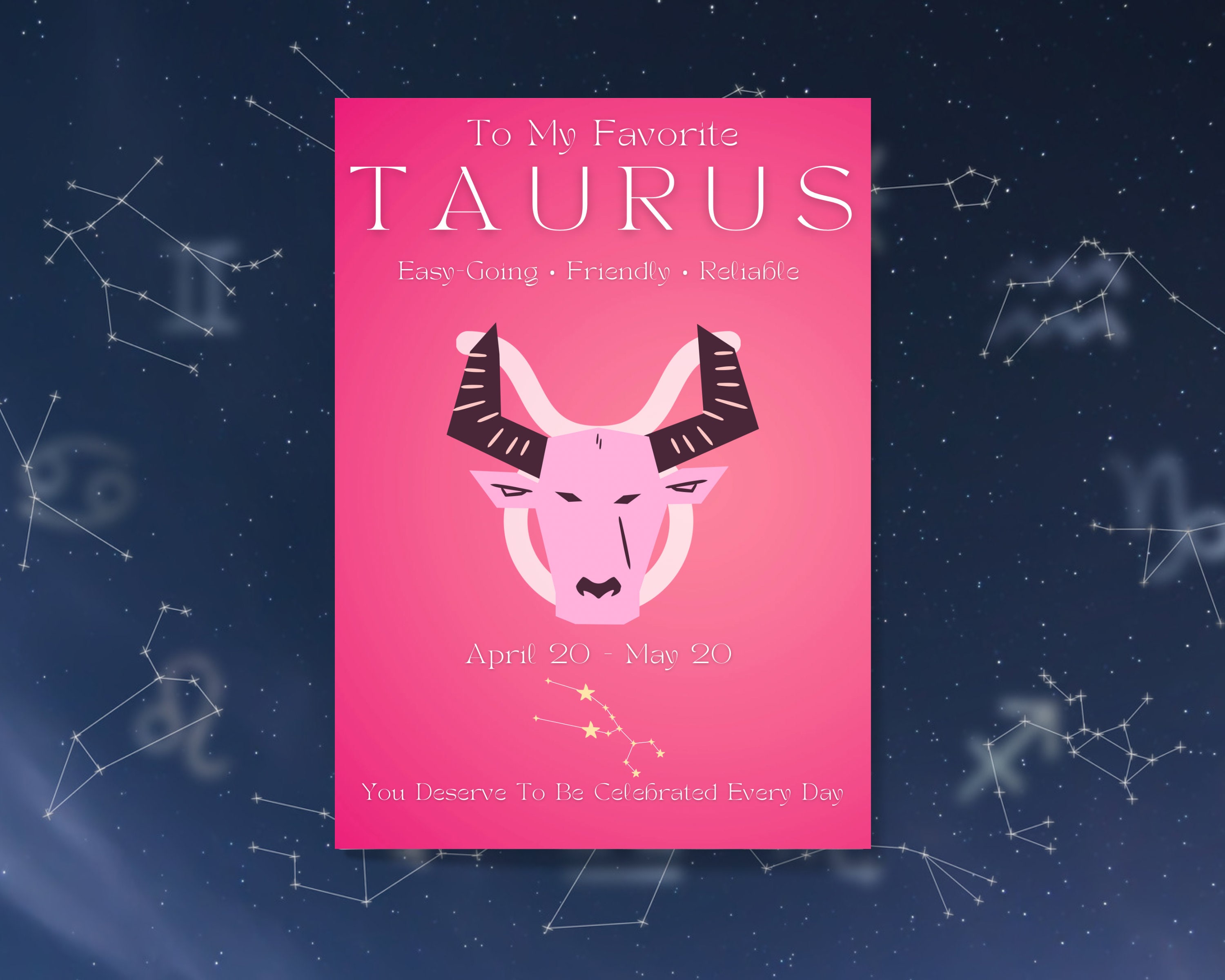 Taurus Zodiac Card Happy Birthday Canva Invitation | Printable Instant ...