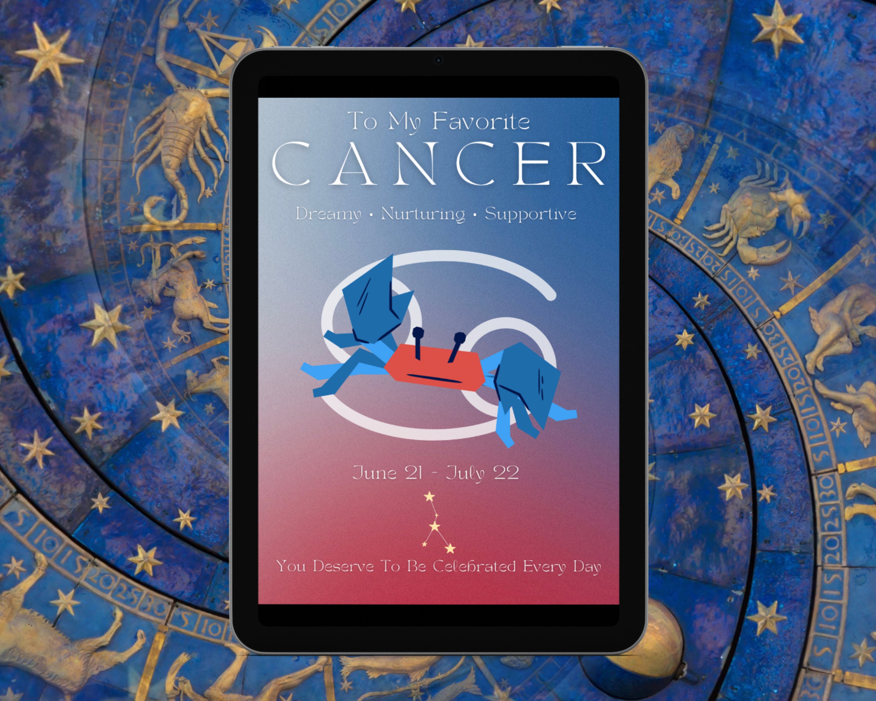 Cancer Zodiac Card Happy Birthday Canva Invitation | Printable Instant ...