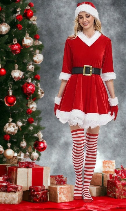 Women Christmas Costume Set Velvet Dress With Belt Striped - Etsy