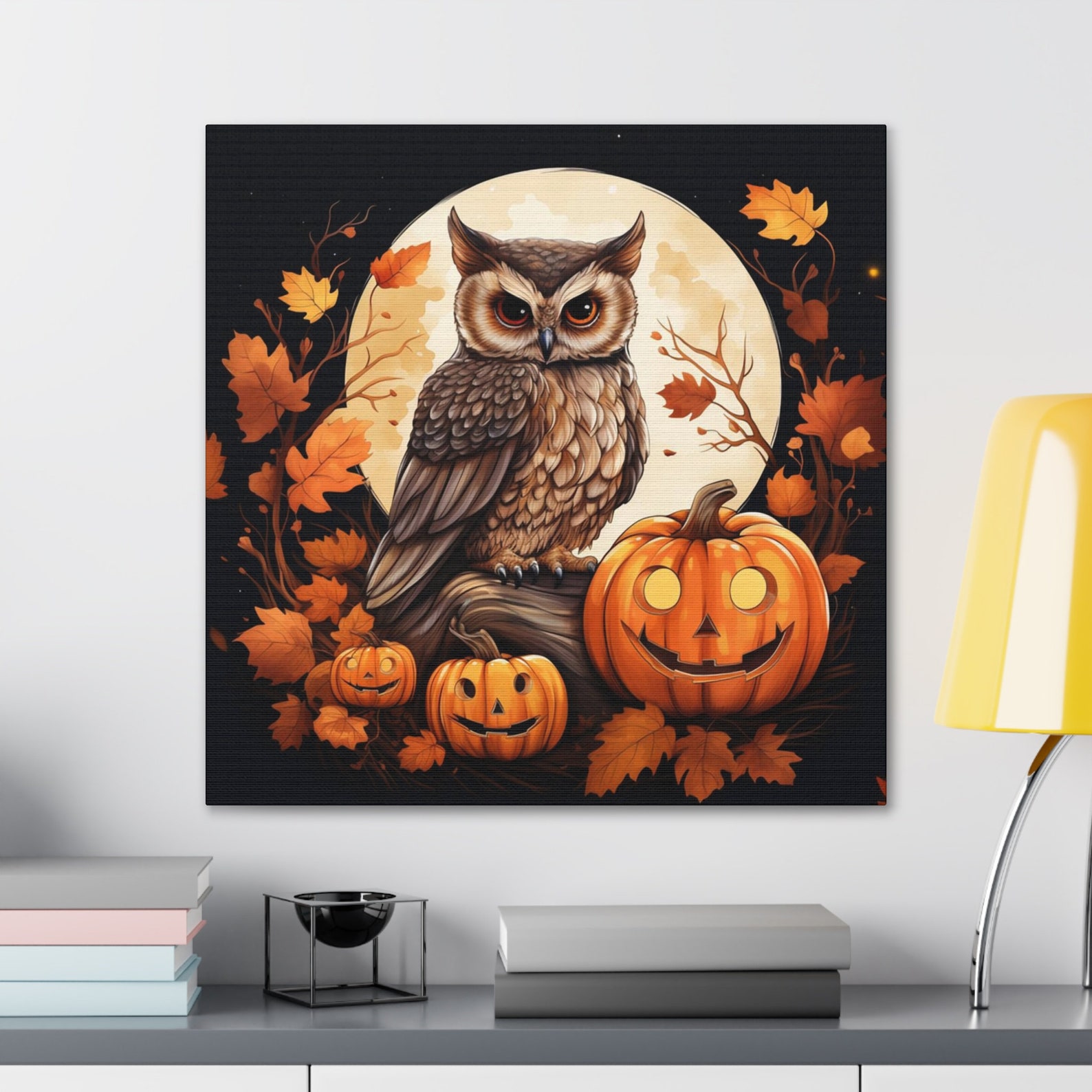 Cute Owl on a Pumpkin Halloween Canvas Print Fall Wall Art Owls Decor ...