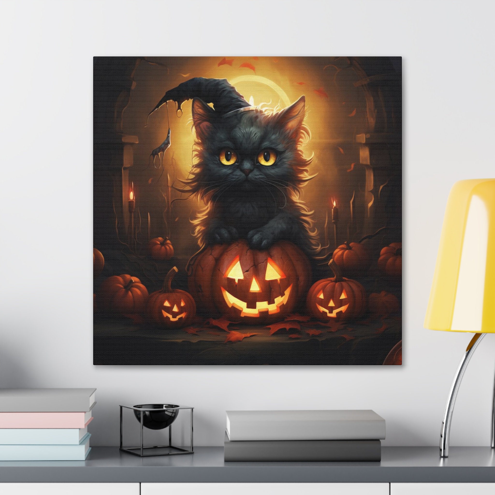 Cute Black Cat Halloween Canvas Print Wall Art Halloween Black Cats ...