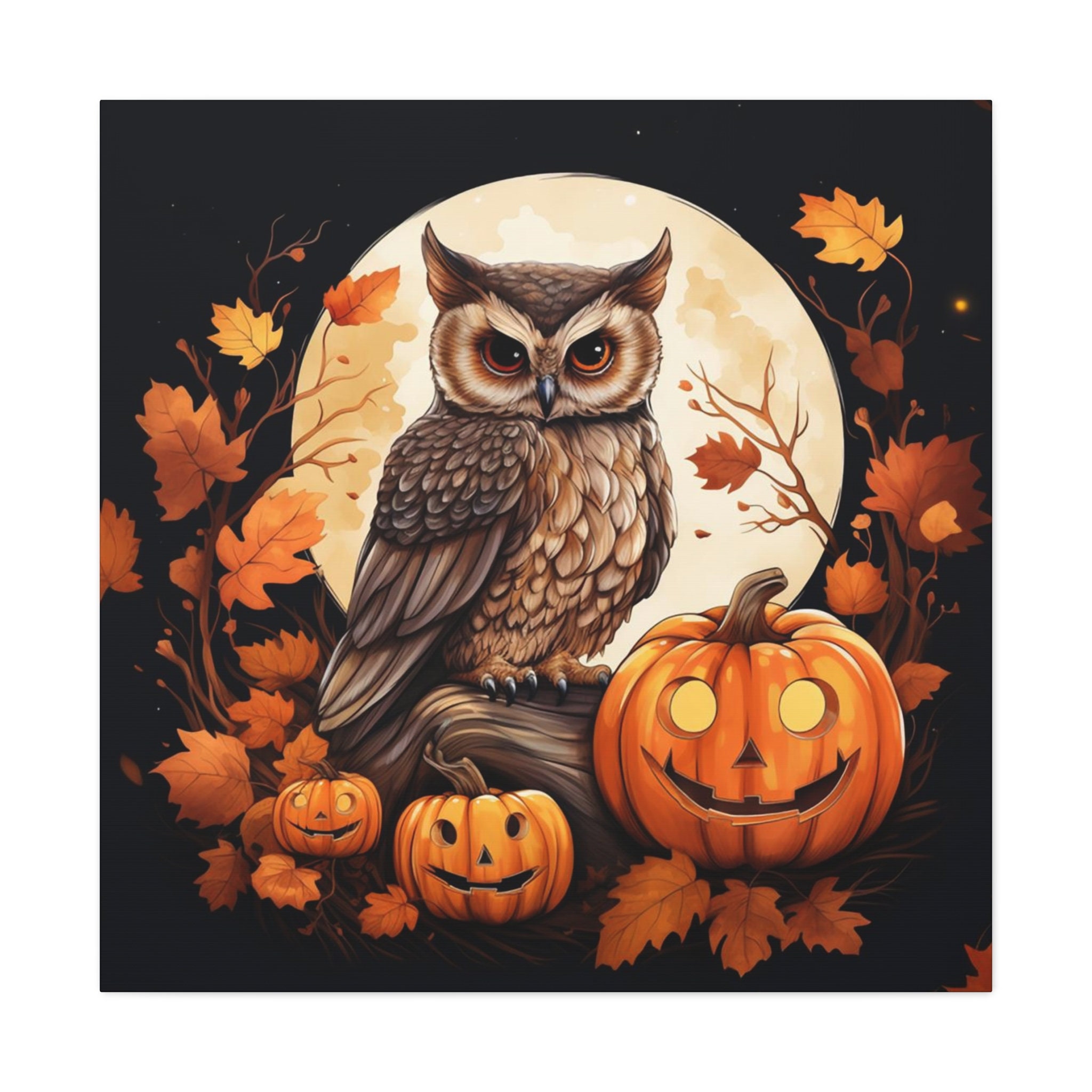 Cute Owl on a Pumpkin Halloween Canvas Print Fall Wall Art Owls Decor ...