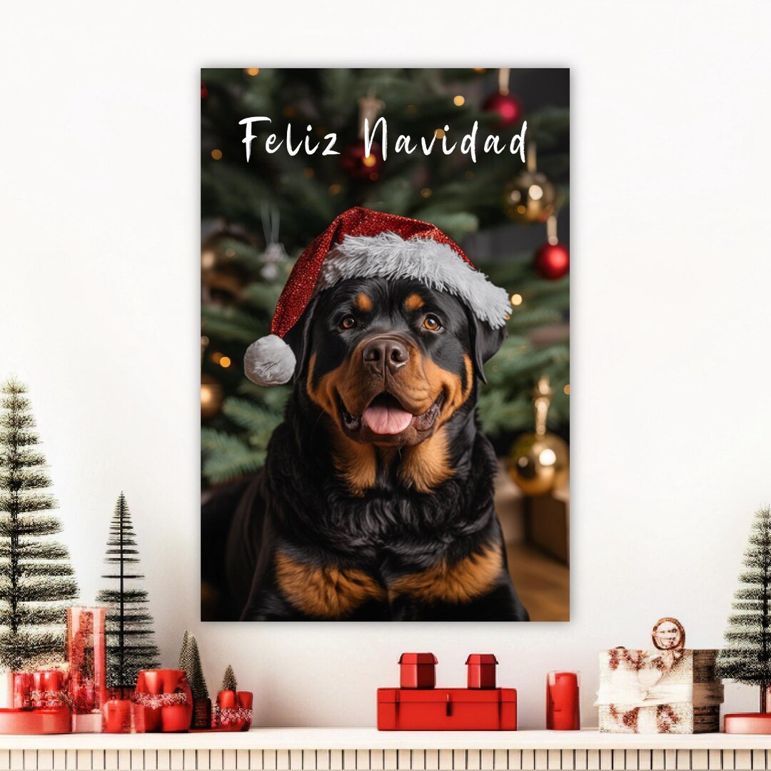 Canvas Print Rottweiler With Santa Hat Feliz Navidad Wall Decor Art ...