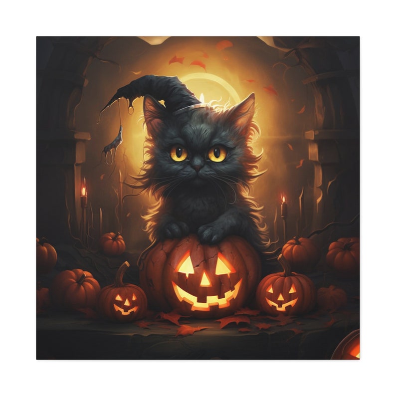 Cute Black Cat Halloween Canvas Print Wall Art Halloween Black Cats ...