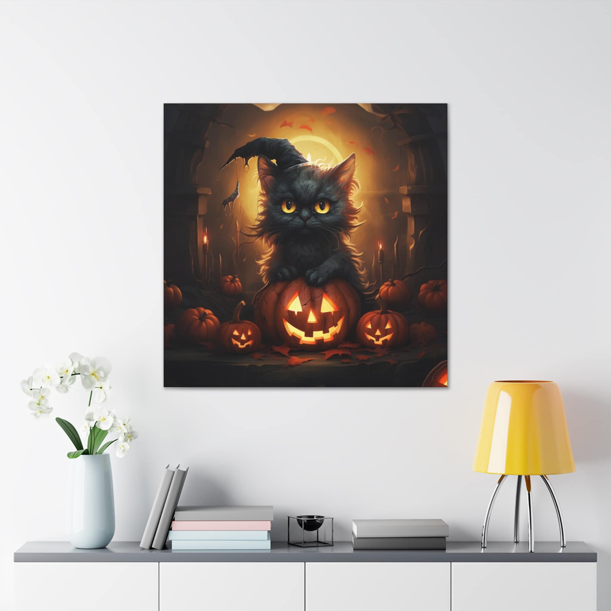 Cute Black Cat Halloween Canvas Print Wall Art Halloween Black Cats ...
