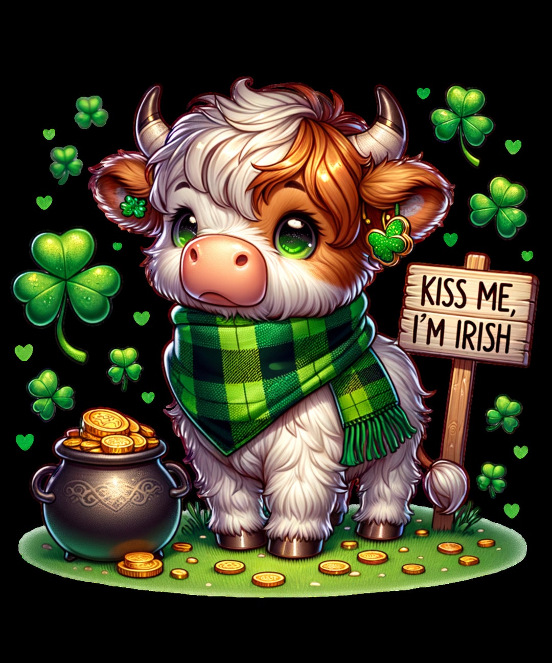 Cute Highland Cow Digital Print, St. Patrick's Day PNG, Shamrock PNG, Kiss Me I'm Irish, Digital ...