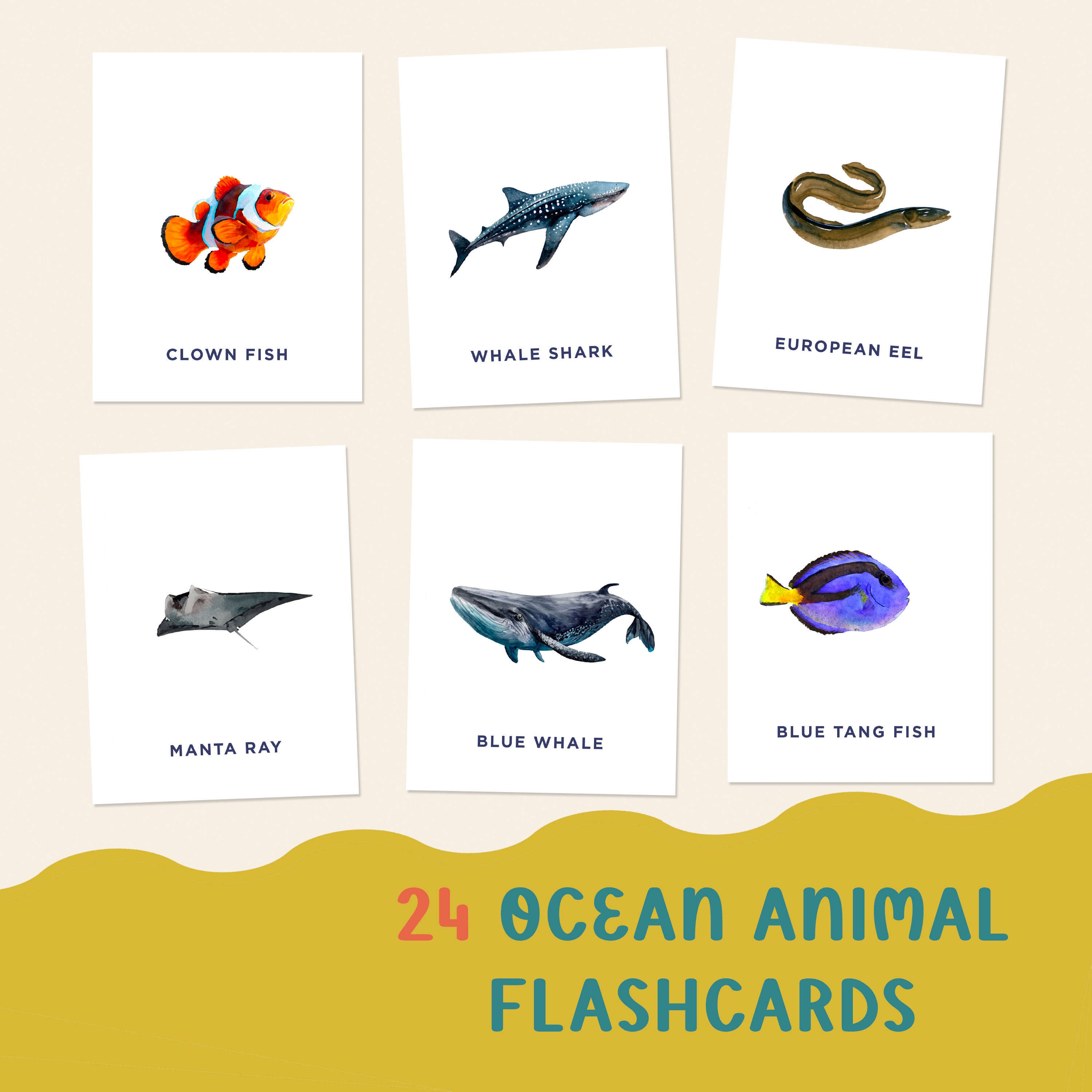 PDF Ocean Animal Flashcards for Kids Custom Watercolor Illustrations ...