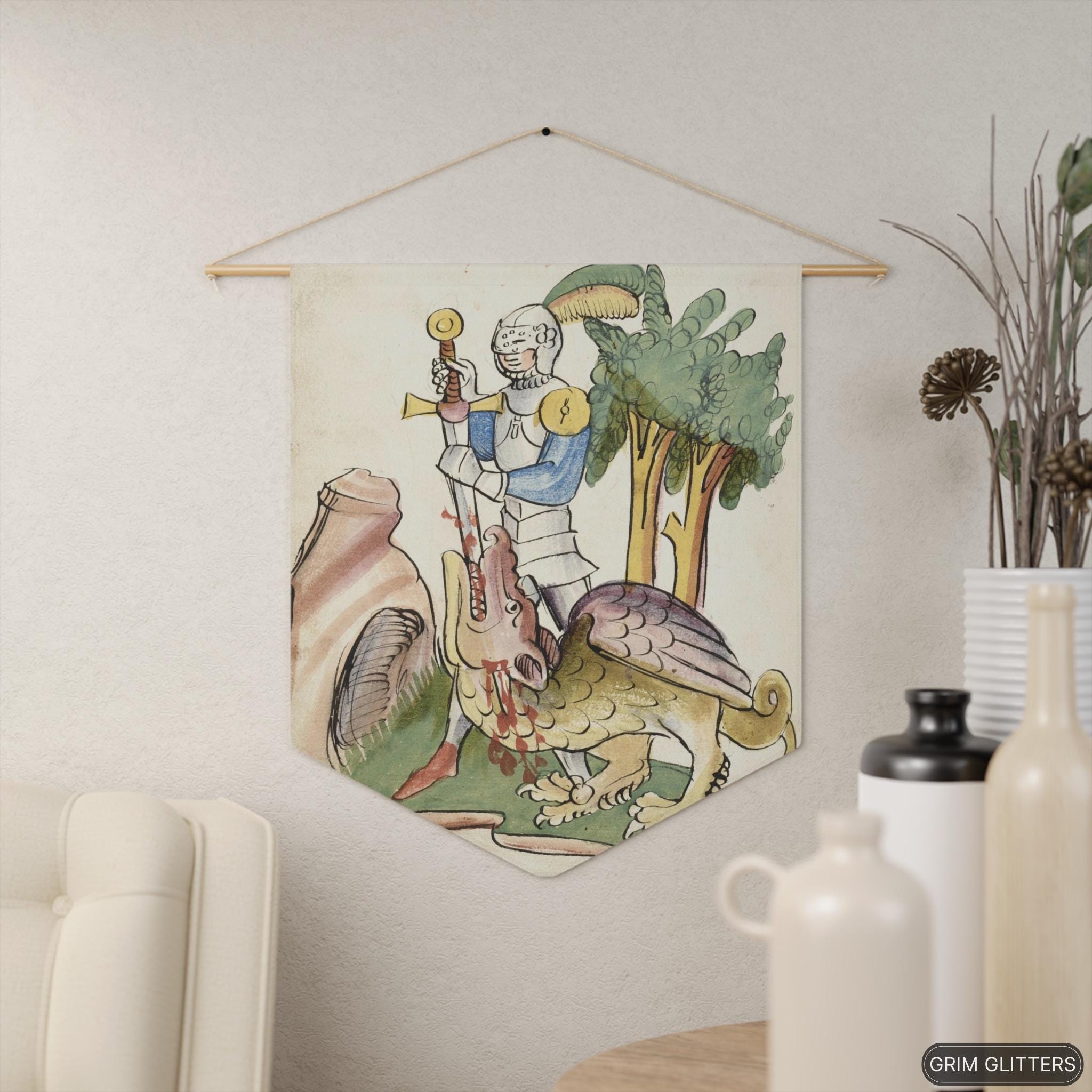 Knight Slaying Dragon Pennant: Medieval German Art Wall Hanging - Etsy