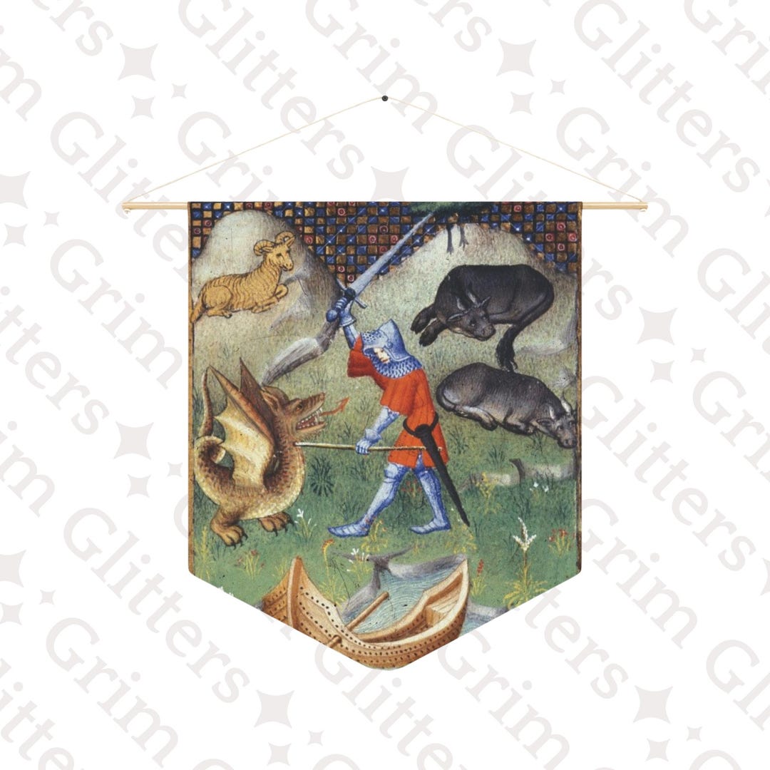 Knight Fighting a Wyvern Pennant Banner - Book of the Queen Manuscript ...