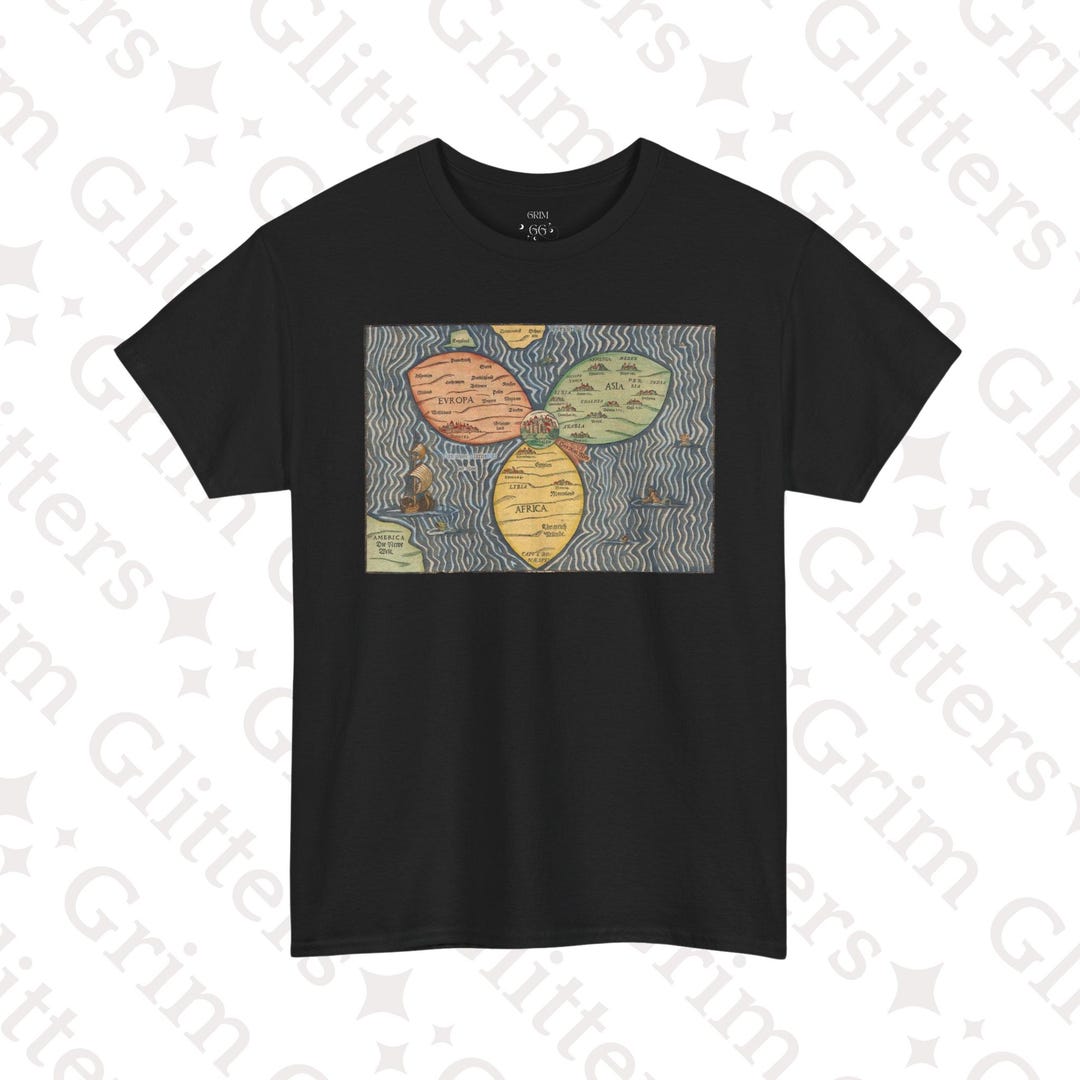Clover Leaf World Map T-shirt: 1581 Bunting Trefoil Map, Medieval-style ...