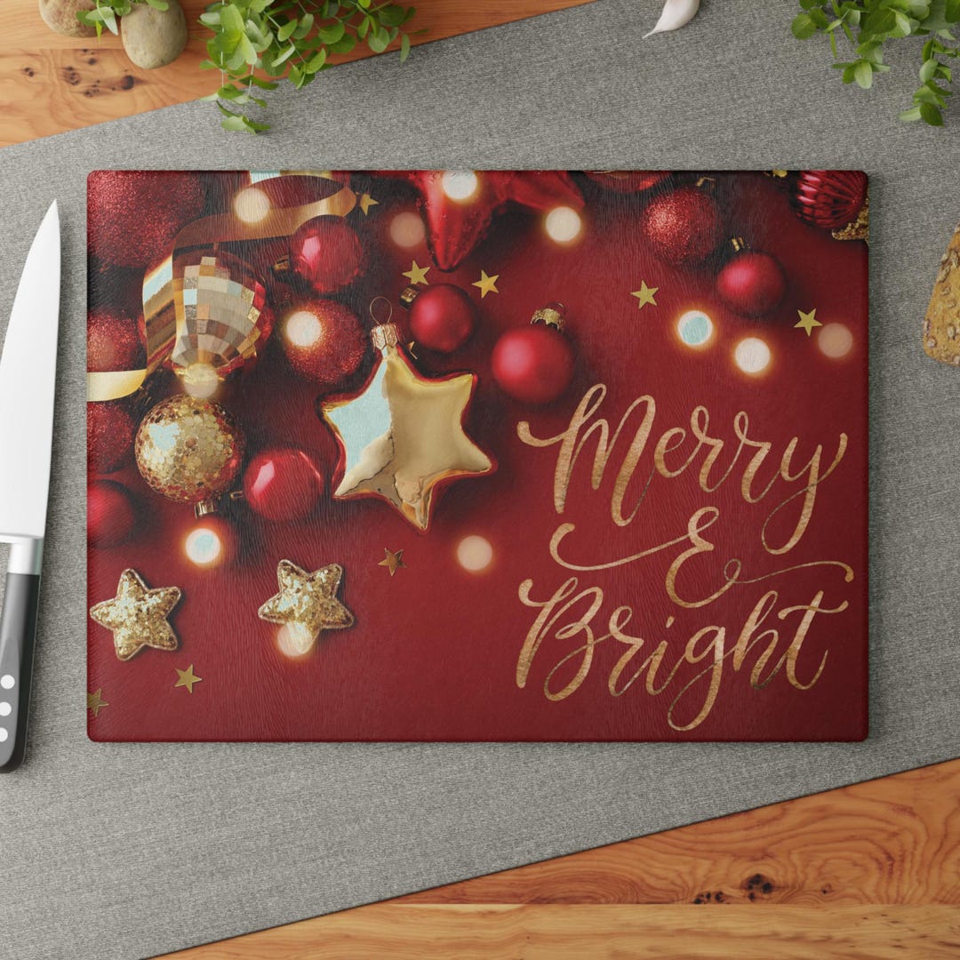 Glass Cutting Board, Red and Gold Christmas Kitchen Decor, Charcuterie ...
