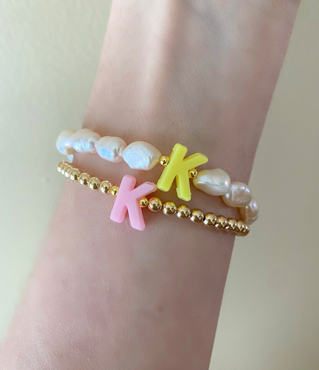 Initial Alphabet Letter 4mm Bead Bracelet, 14K Gold Filled or ...