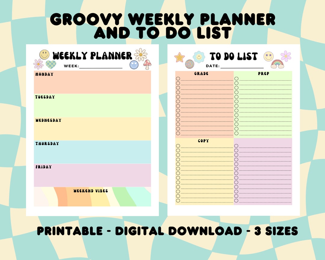 Retro Teacher Planner: Groovy Weekly Checklist, to Do List (digital ...