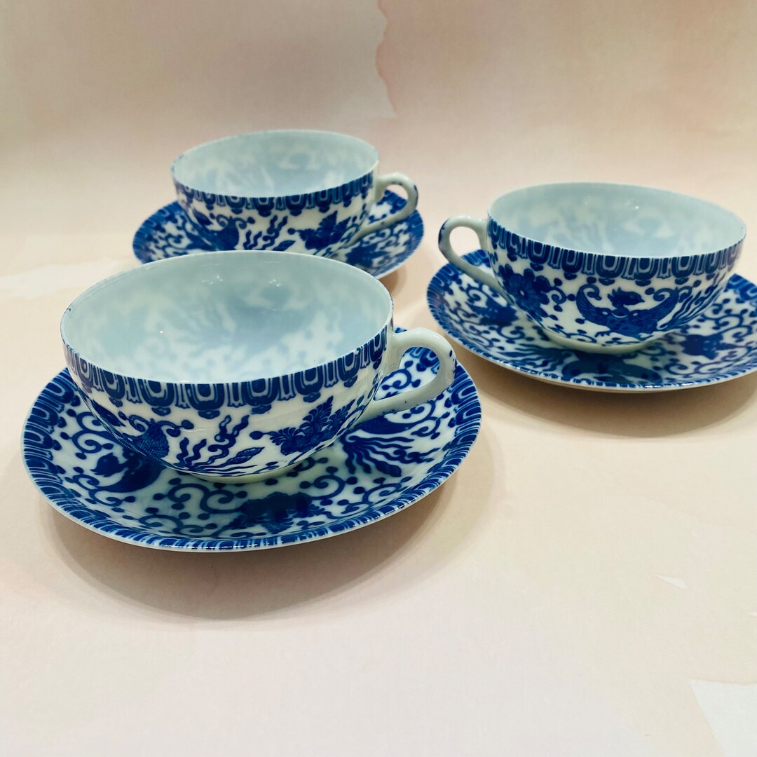 Set of 3 Chinoiserie Blue and White Ceramic Teacups and Saucers Vintage ...