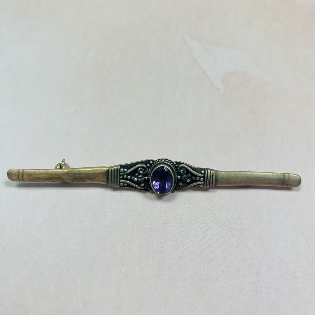 Vintage Amethyst Engraved Brooch Pin, Antique Brooch, Long Brooch, Tie ...