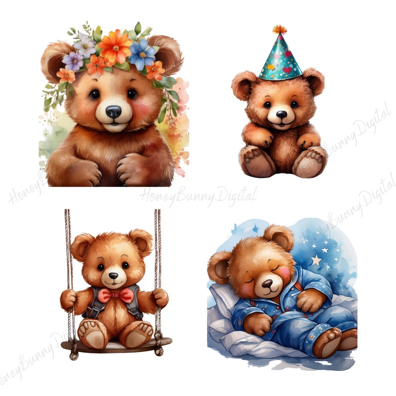 Watercolor Teddy Bear Clipart: Baby Shower PNG (digital Download) - Etsy