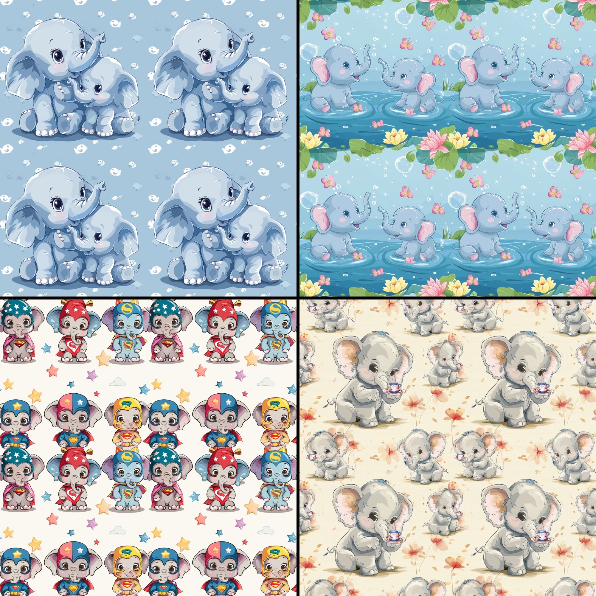 Elephant Digital Paper, Nursery Seamless Pattern, Baby Shower ...