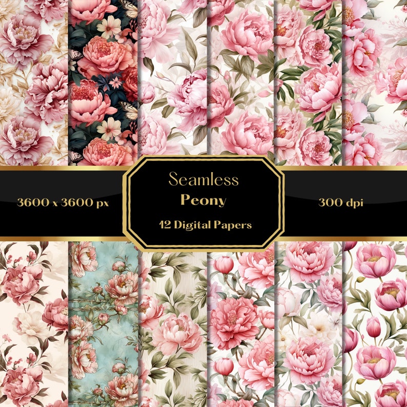 Peony Digital Paper, Flower Seamless Pattern for Wedding Stationery ...