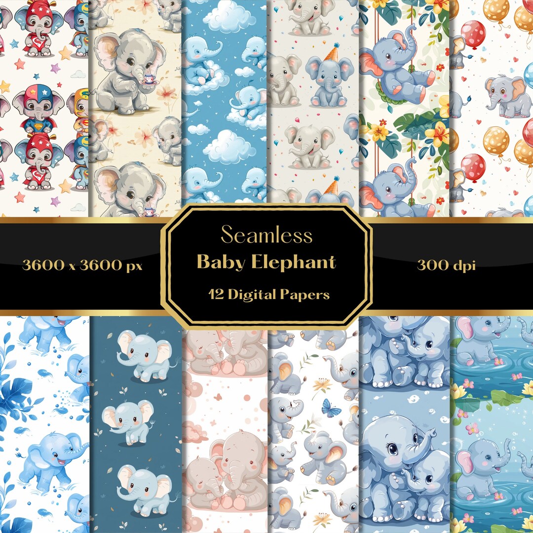 Elephant Digital Paper, Nursery Seamless Pattern, Baby Shower ...