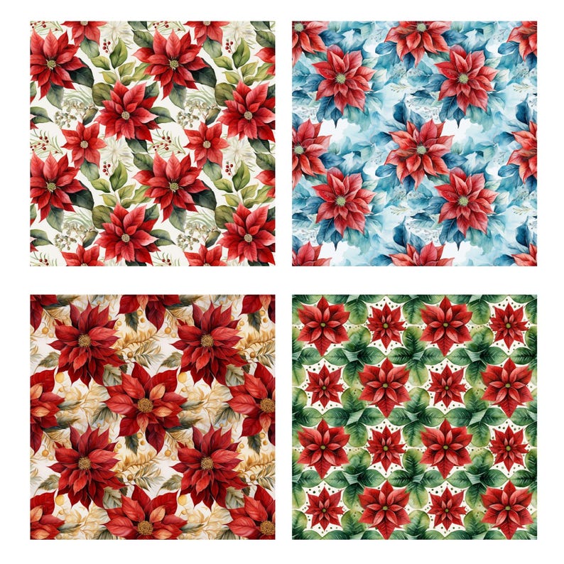Watercolor Poinsettia Digital Paper, Christmas Floral Digital Paper ...