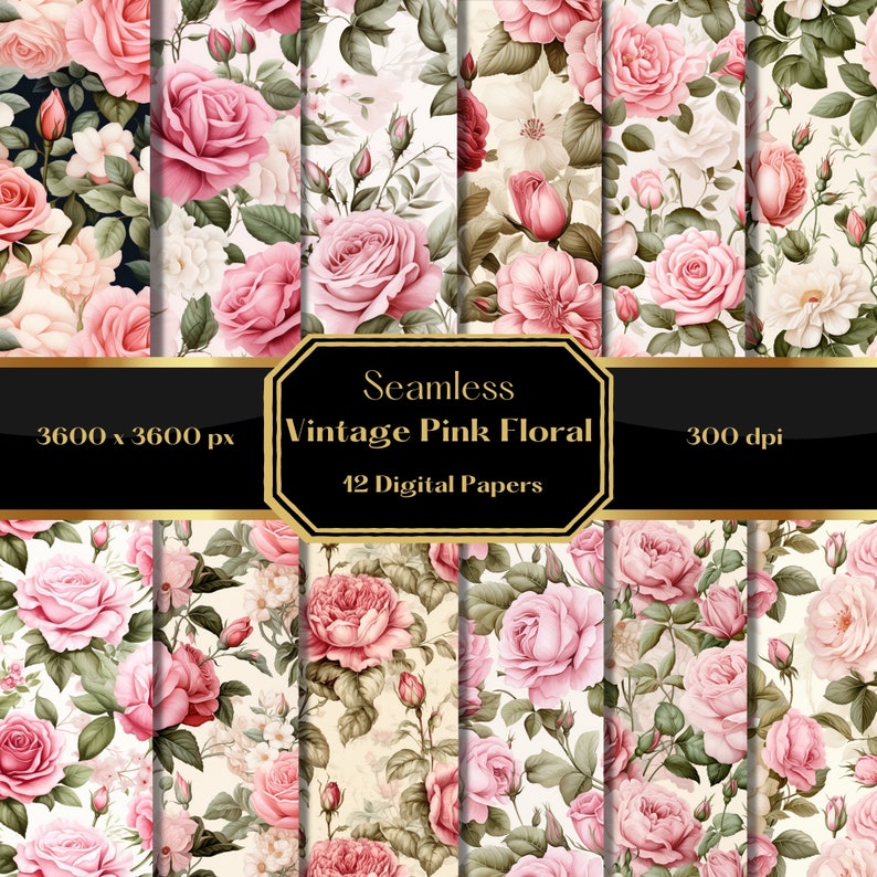Vintage Pink Rose Digital Paper, Pink Floral Scrapbook Paper ...