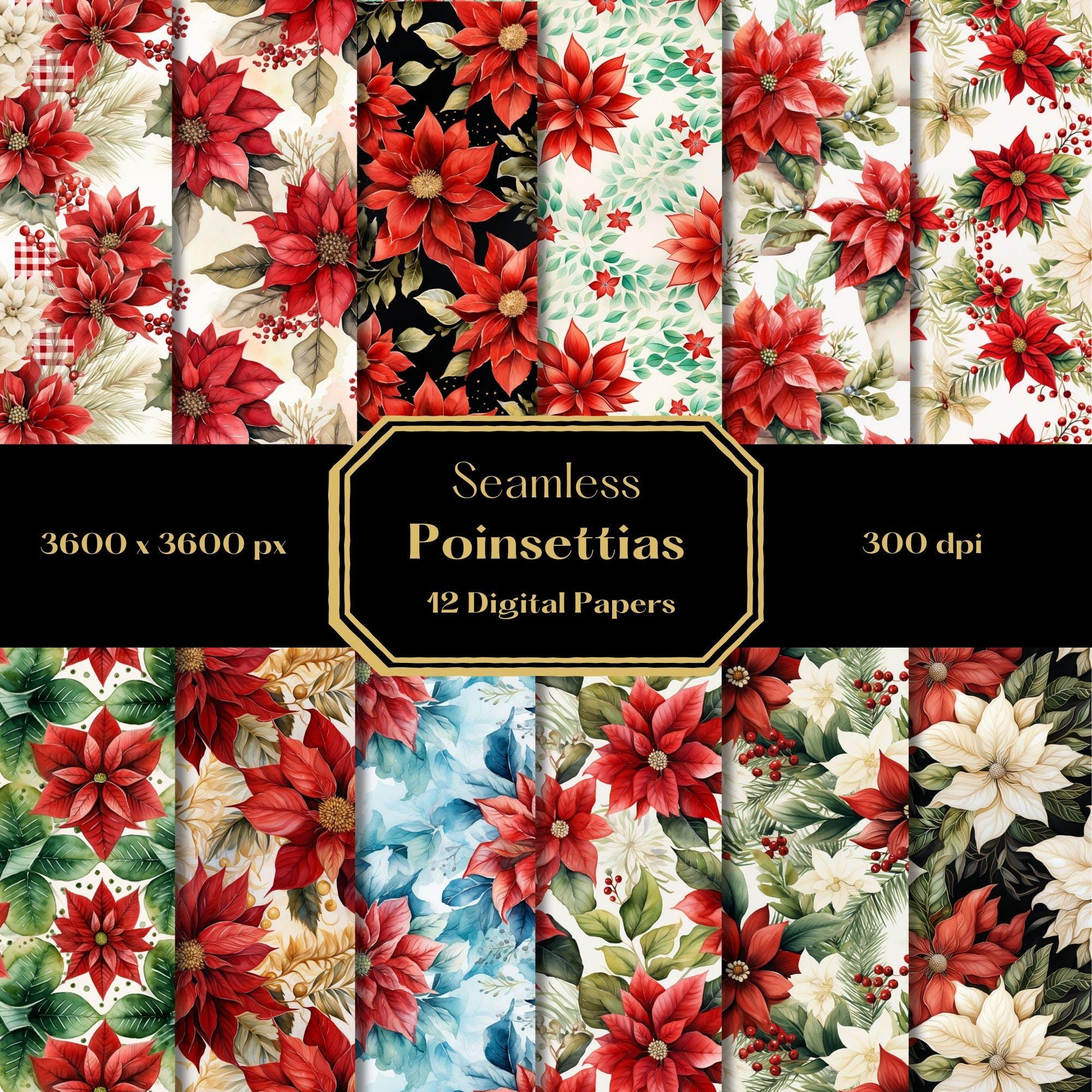 Watercolor Poinsettia Digital Paper, Christmas Floral Digital Paper ...