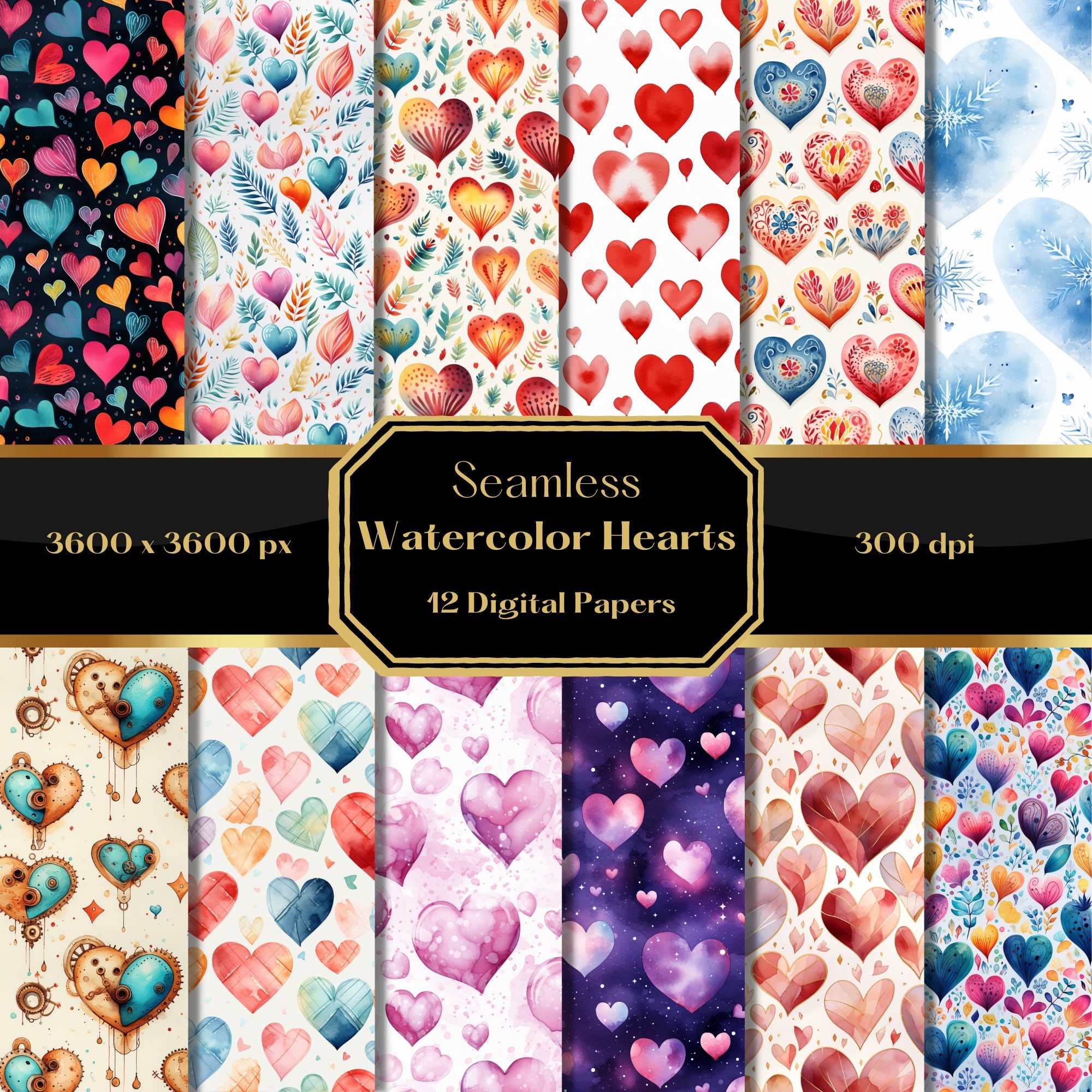 Heart Digital Paper, Watercolor Heart Seamless Pattern, Heart Scrapbook ...