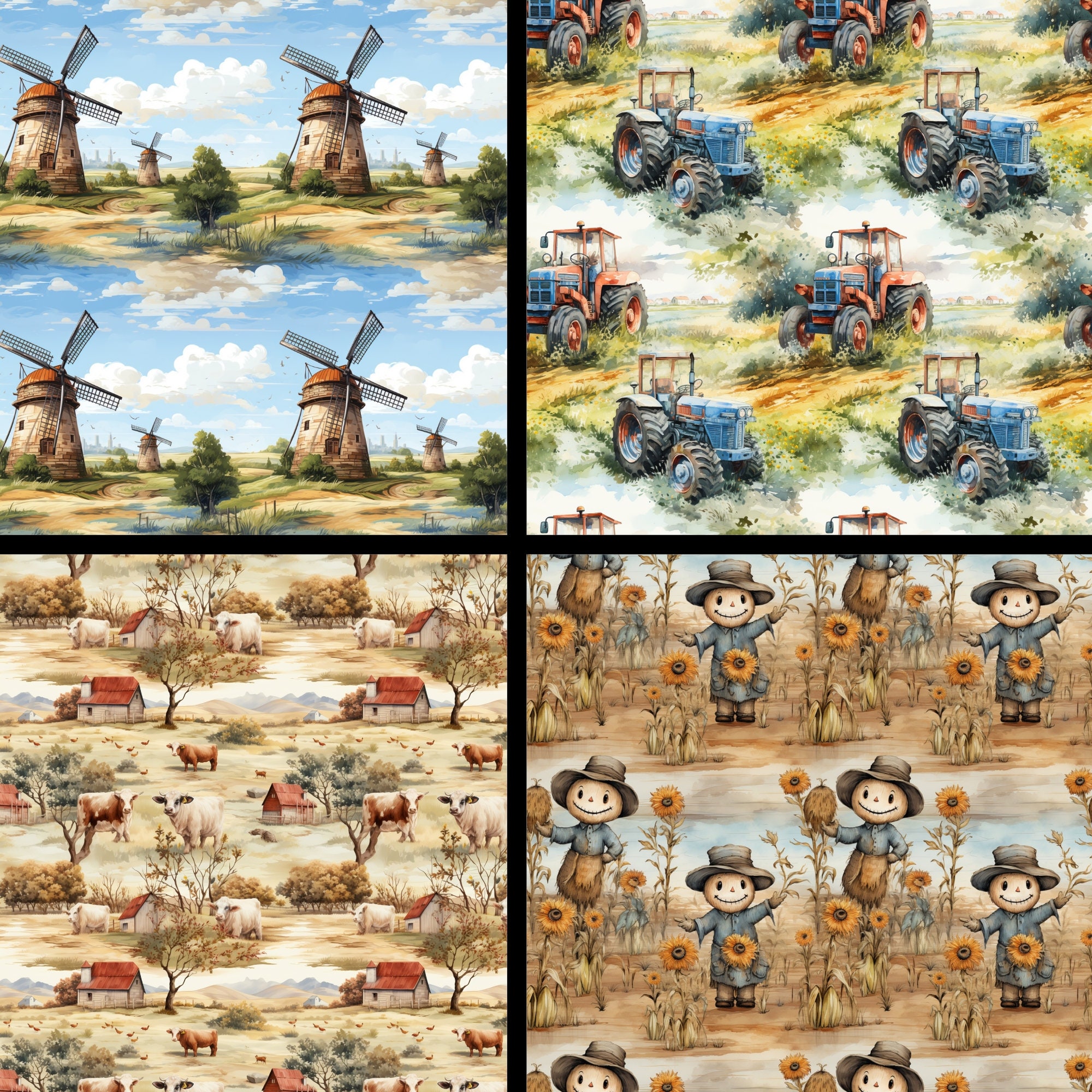 Seamless Farm Digital Paper, Watercolor Cute Farm Animals, Seamless ...