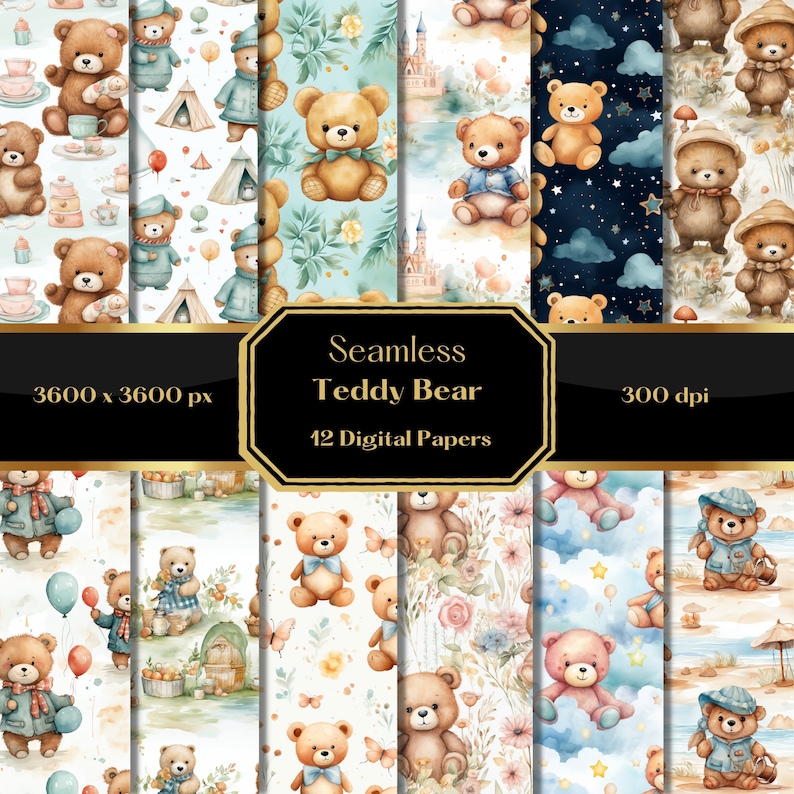 Teddy Bear Digital Paper, Nursery Seamless Pattern, Baby Shower ...