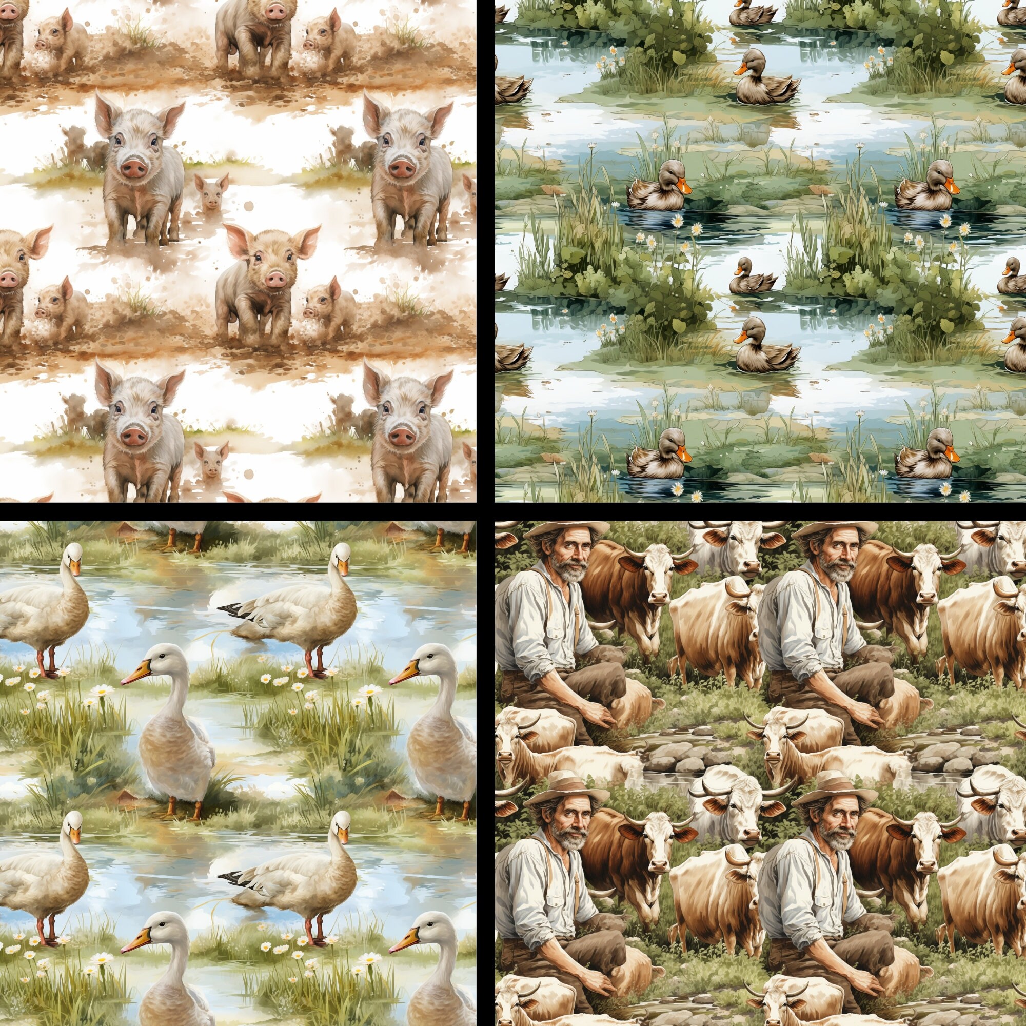 Seamless Farm Digital Paper, Watercolor Cute Farm Animals, Seamless ...