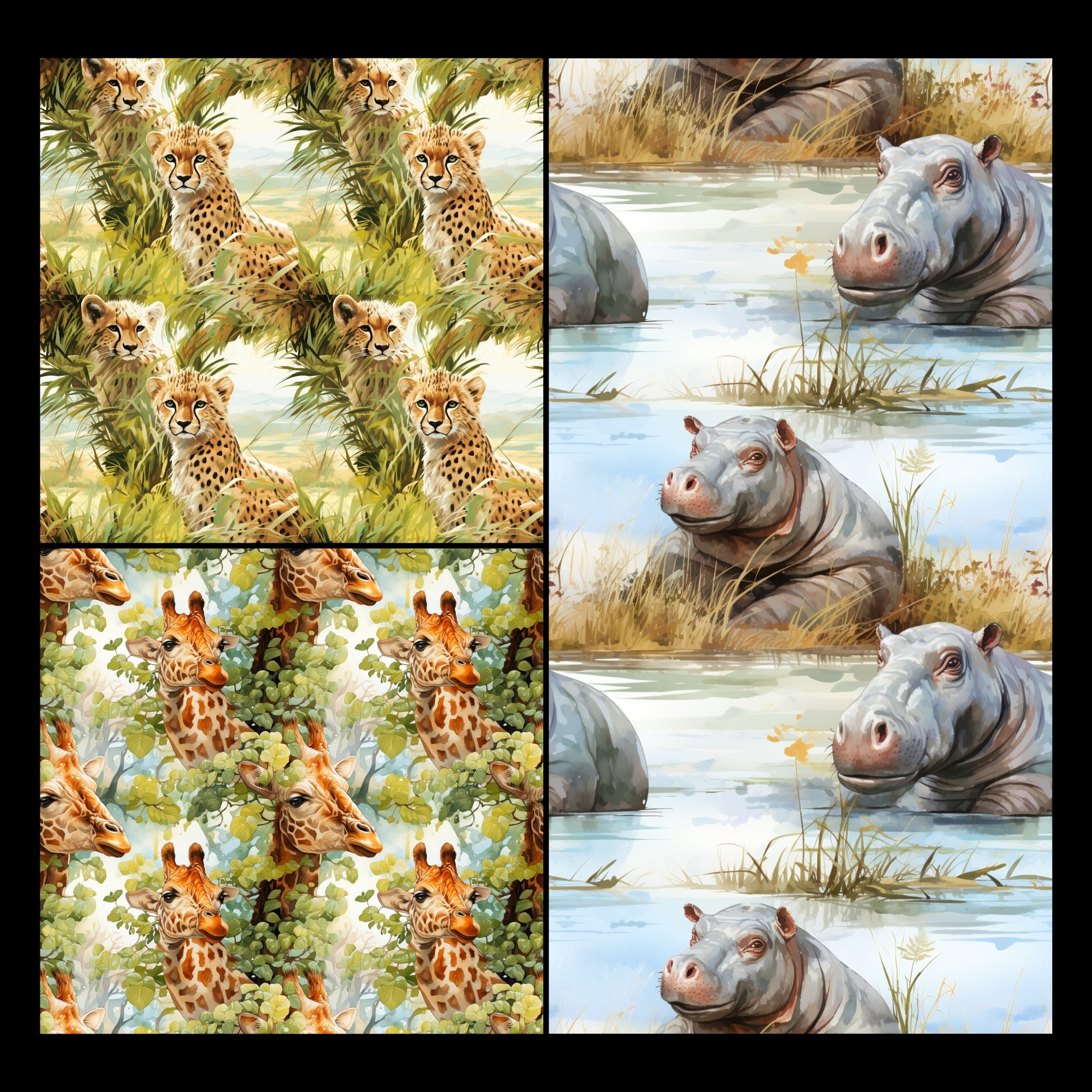 Safari Animals Digital Paper, Watercolor Seamless Animal Patterns ...