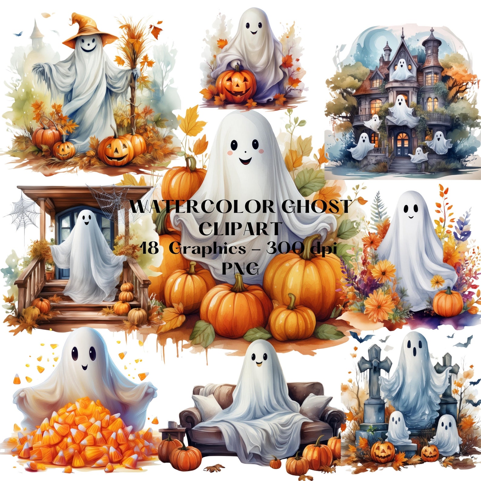 Watercolor Ghost Clipart, Halloween Clipart, Cute Ghost PNG, Fall PNG ...
