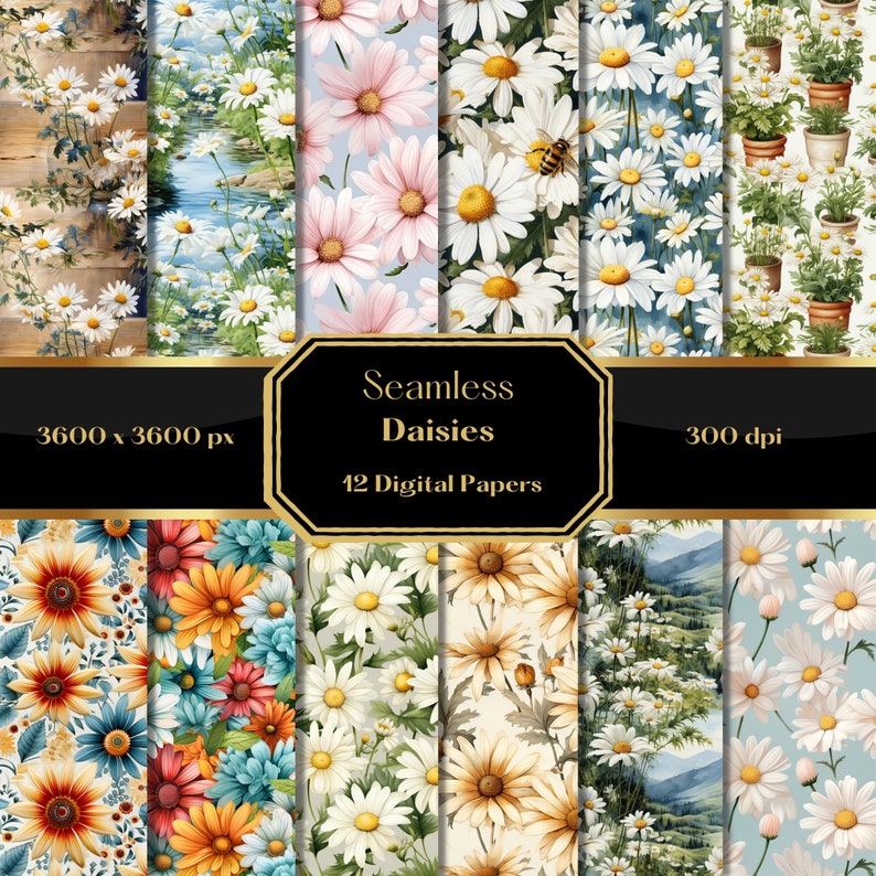 Daisy Digital Paper, Spring Floral Patterns for Scrapbooking, Seamless ...