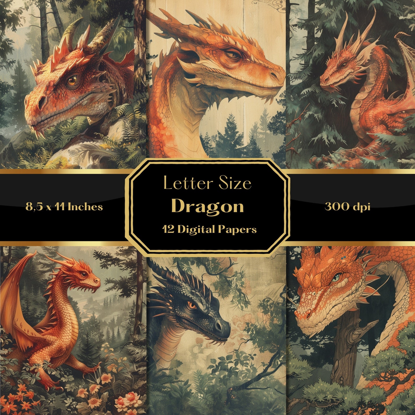 Fantasy Dragons Digital Paper, Printable Mystery Dragon Papers, Magical ...